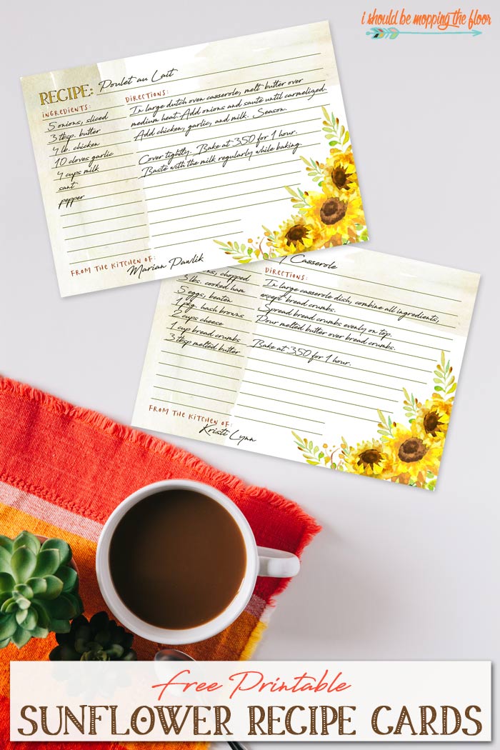 Free Sunflower Printable Recipe Cards | i should be mopping the floor