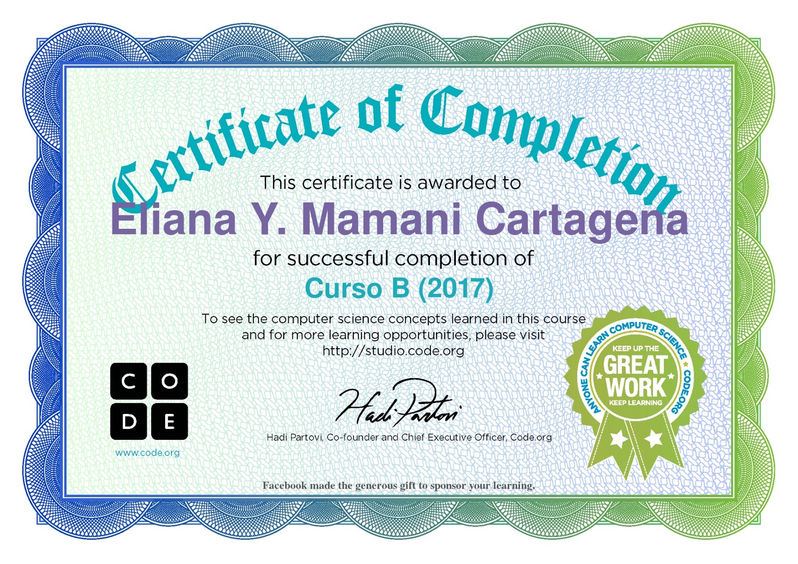 Eliana Yemira Mamani Cartagena: certificados Code,org