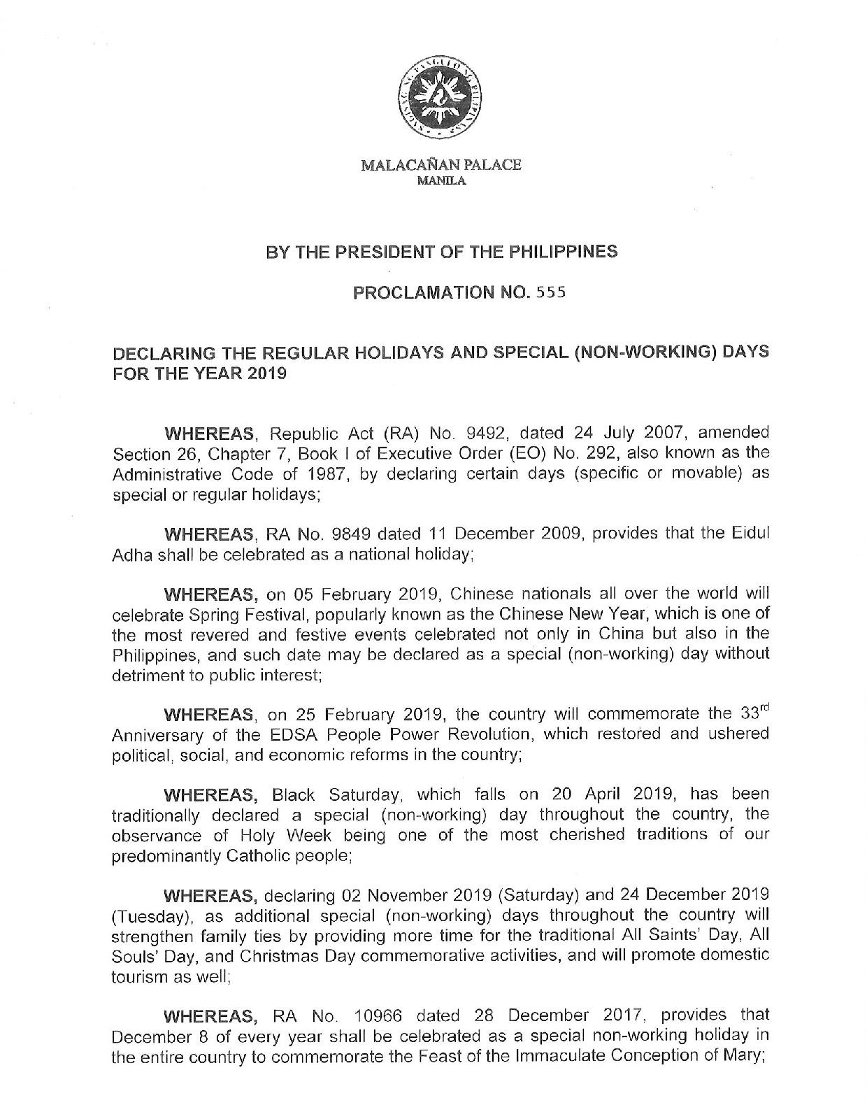 Philippine Holidays: Philippine Holidays 2019 (Proclamation No. 555, S ...