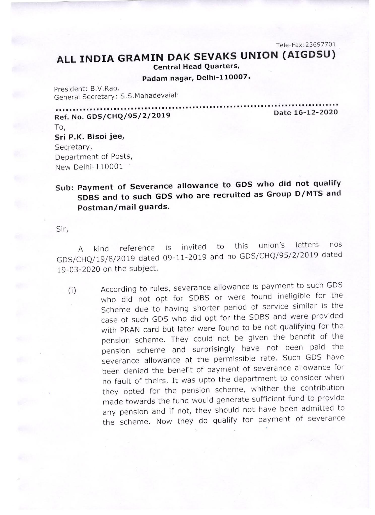 Payment of Severance allowance to GDS who did not qualify SDBS and to ...