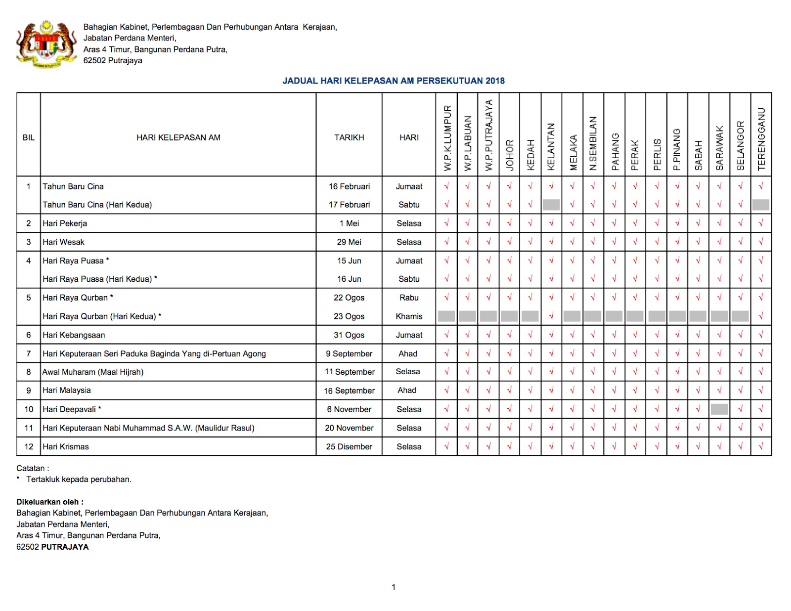 1Media.My: Jadual cuti 2018