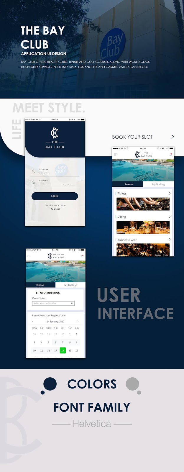 The bay club Mobile Application interface