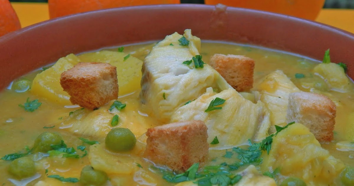 CAZÓN EN AMARILLO CON CAVA, PATATAS Y GUISANTES