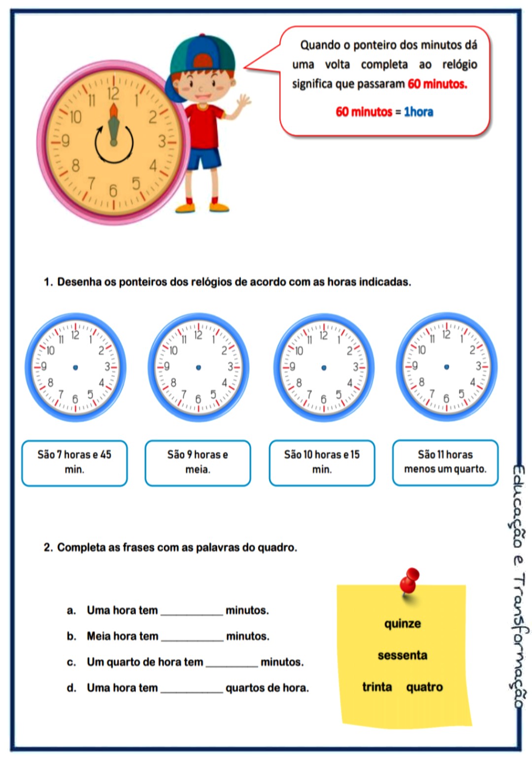 Horas Atividade de matemática para trabalhar as horas... ~ Atividades ...