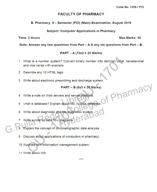 Osmania University B. Pharmacy II-Semester. (PCI)(Main) Subject ...