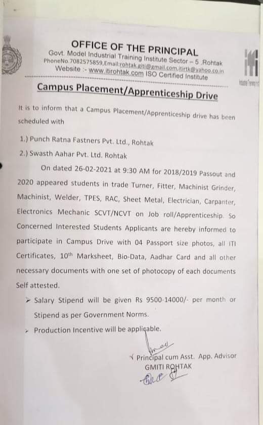 ITI apprenticeship campus placement drive 2021 Government ITI College ...