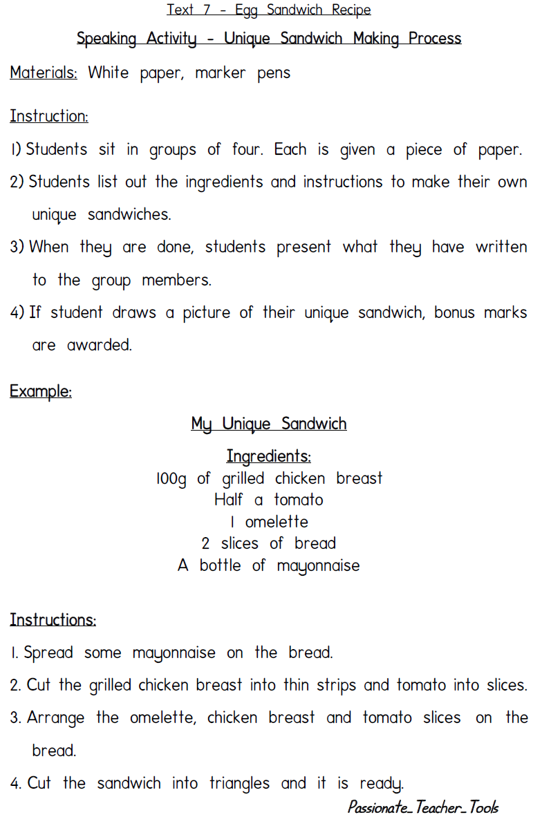 Passionate Teacher Tools: Text 7 - Egg Sandwich Recipe (With Suggested ...