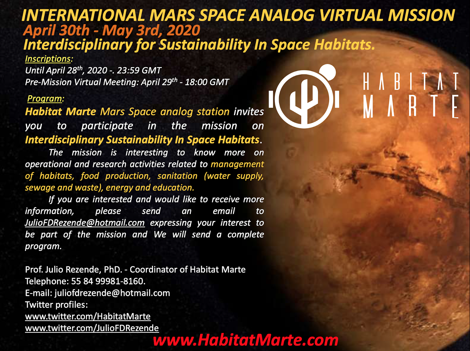 Habitat Marte: INTERNATIONAL MARS SPACE ANALOG VIRTUAL MISSION ON ...