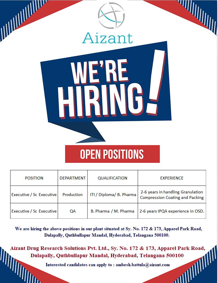 Aizant Drug Research Solutions - Urgent Openings for Production and ...