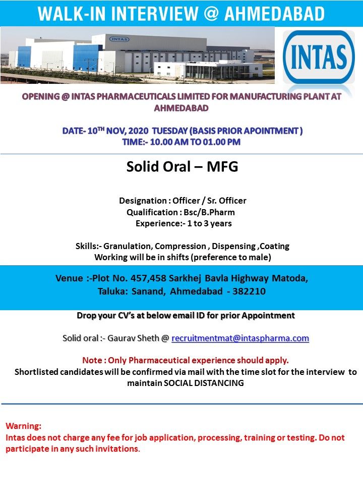 Intas Pharma - Walk-In Interviews for ADL (Formulation) / Manufacturing (Solid Oral) on 10th Nov ...