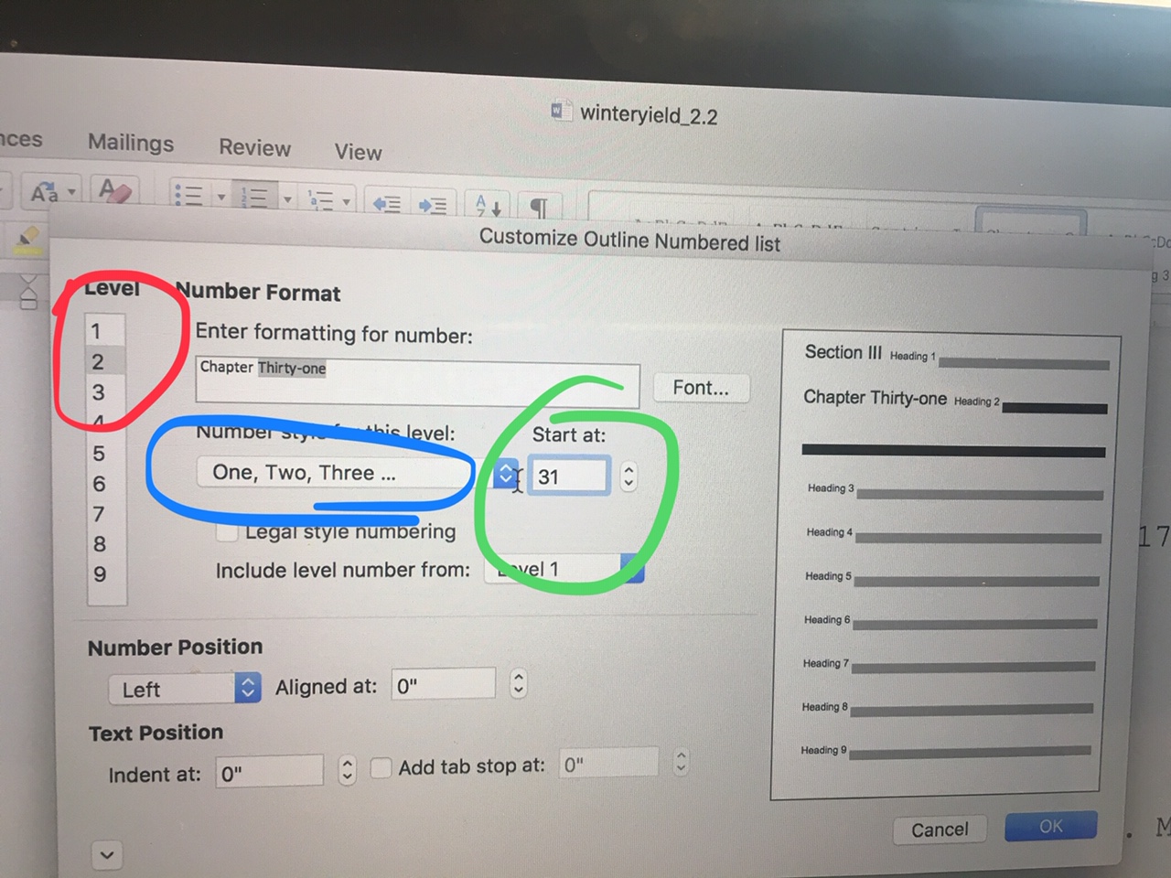 Words by Coleman: Automatic Chapter Numbers in Microsoft Word (Mac 2016)