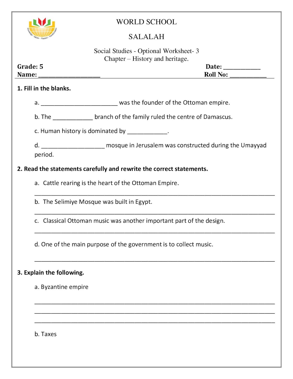 Birla World School Oman: Homework for Grade 5 as on 25/02/2020