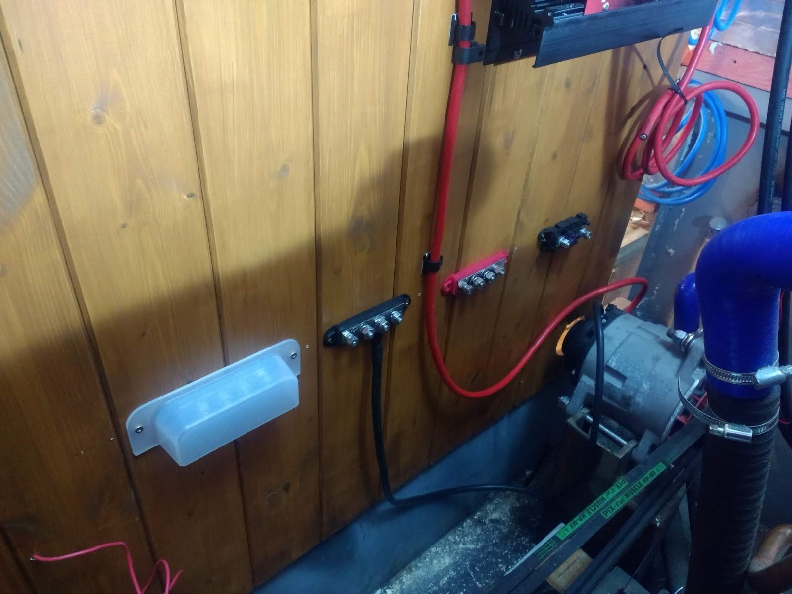 Narrowboat Calbourne: Engine room bulkhead and electrics