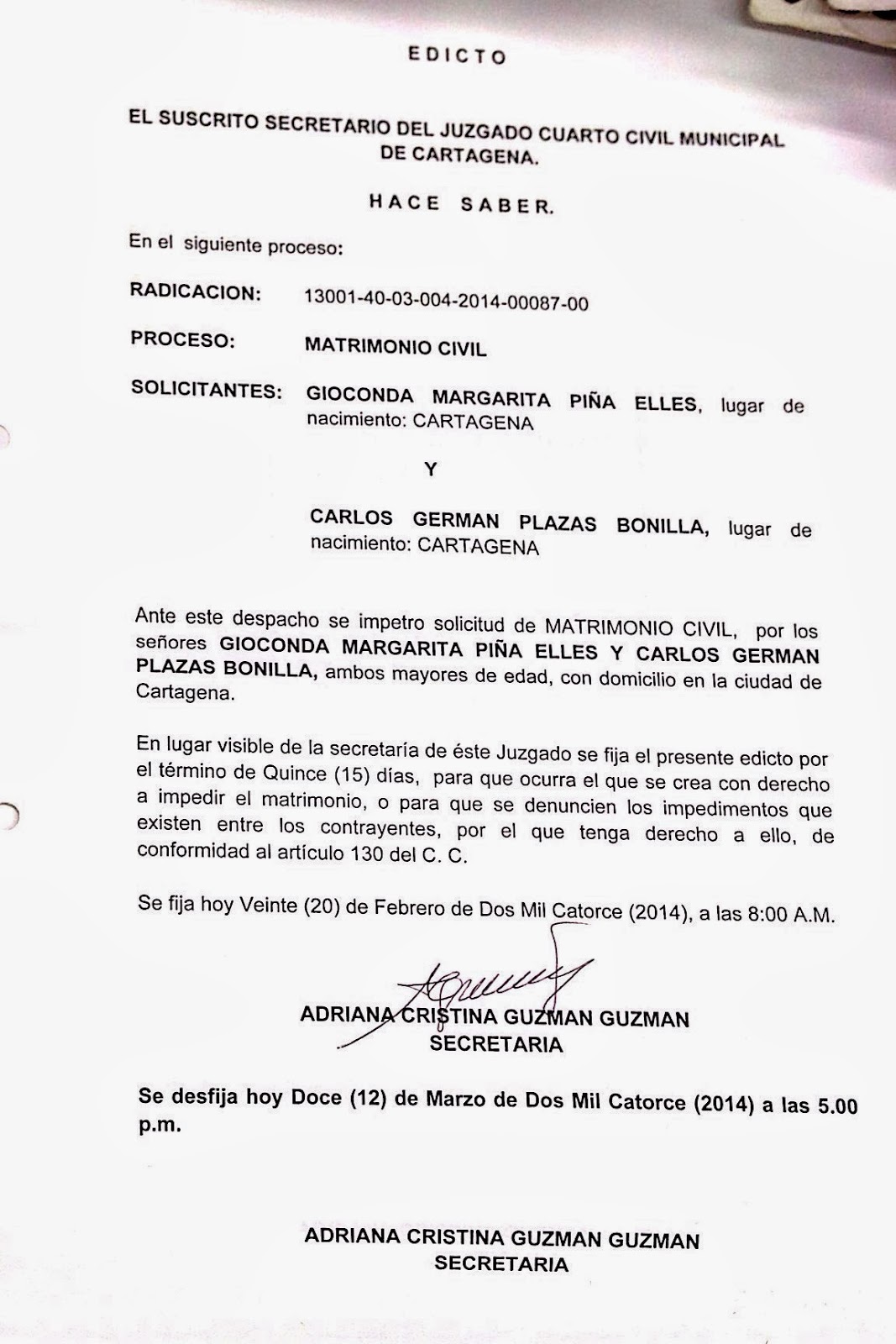 EDICTO MATRIMONIO FEBRERO 20 DE 2014 RADICADO N°. 00087-2014
