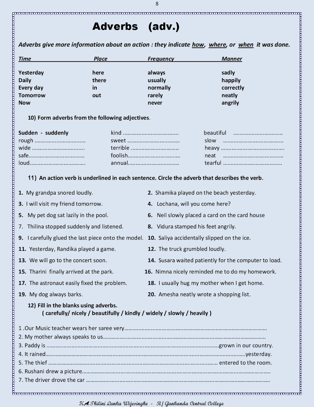 Anuladevi Balika Vidyalaya - Galle: Grade 8 -English Assignment