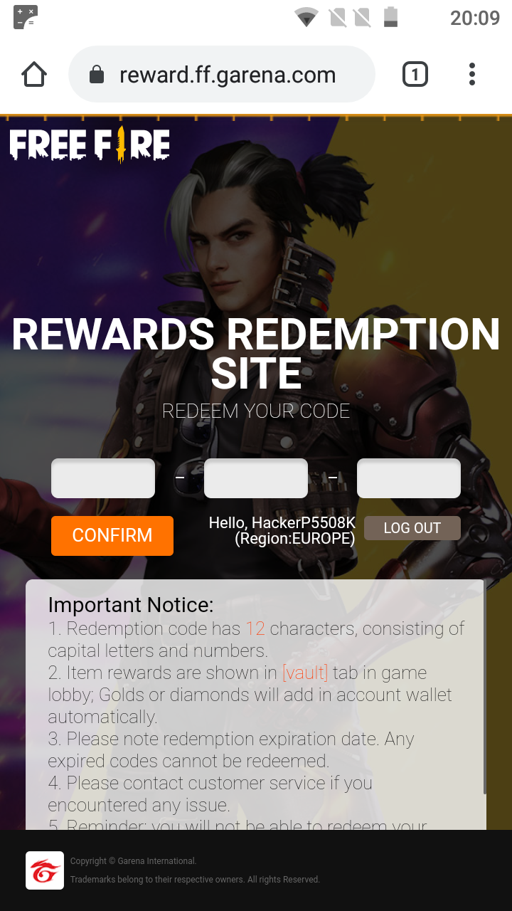 Free Fire Reward Codes