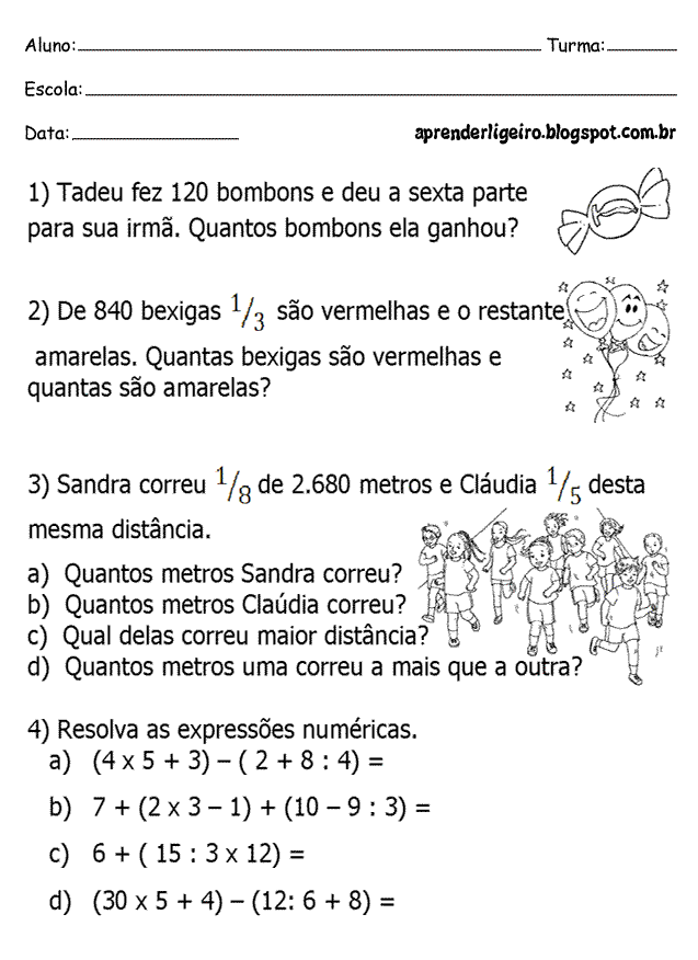 Aprender Ligeiro: Atividades Matemática 5° ano fundamental para imprimir