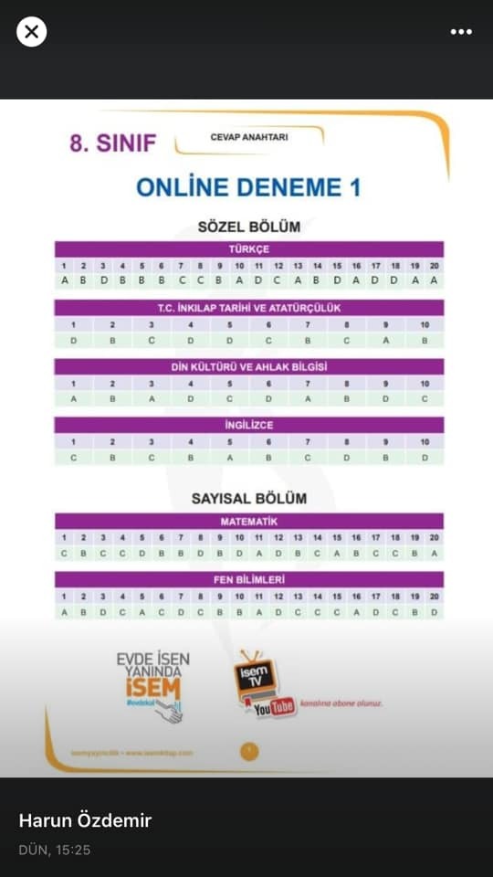 İsem Yayinlari Lgs Deneme Sinavi SÖzel BÖlÜm Test Matematik