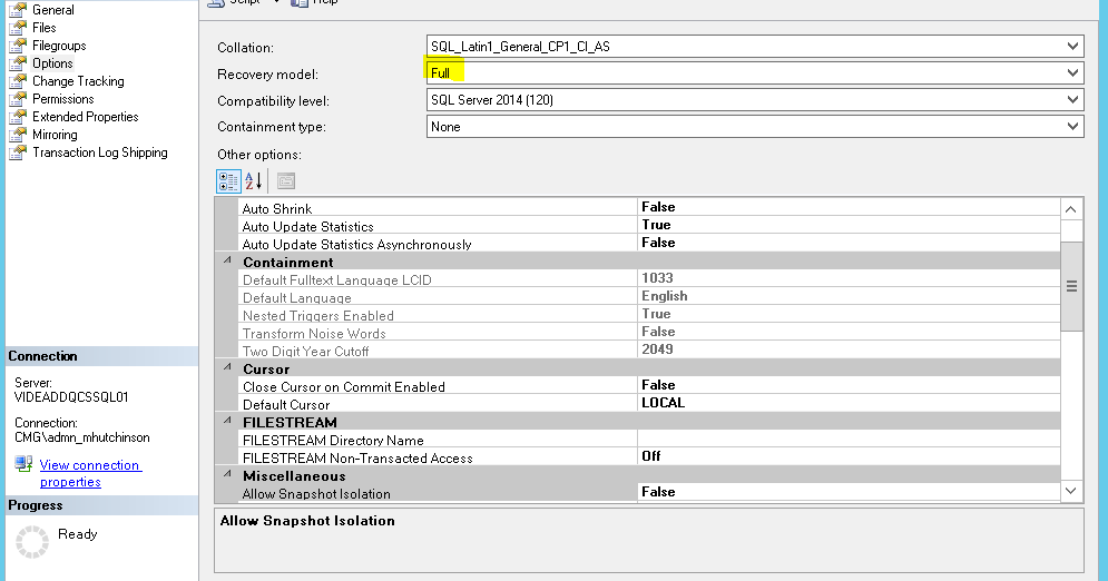 Database "" database is not in full recovery mode on each of the server ...