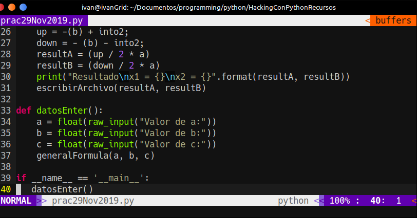 Solución de ecuaciones cuadraticas por formula general con Python