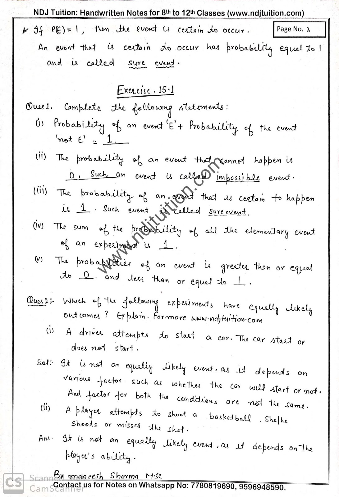 Probability Handwritten Notes for Class 10th Maths