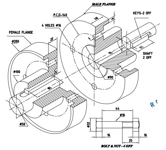 Machine Drawing: Flange Coupling