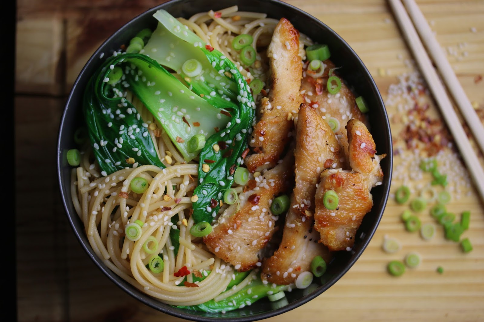 Sesame Noodles with Golden Chicken and Pak Choi