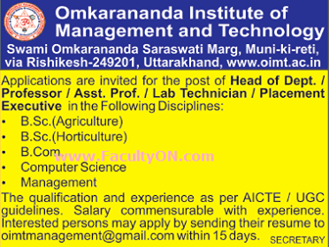 Omkarananda Institute of Management and Technology Rishikesh Wanted ...