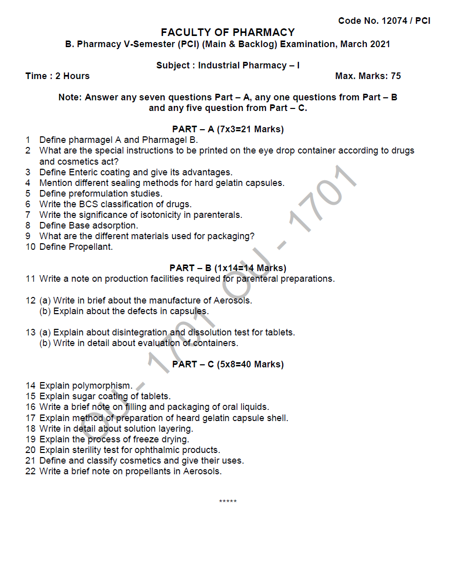 Osmania University B. Pharmacy V-Semester (PCI) (Main & Backlog ...