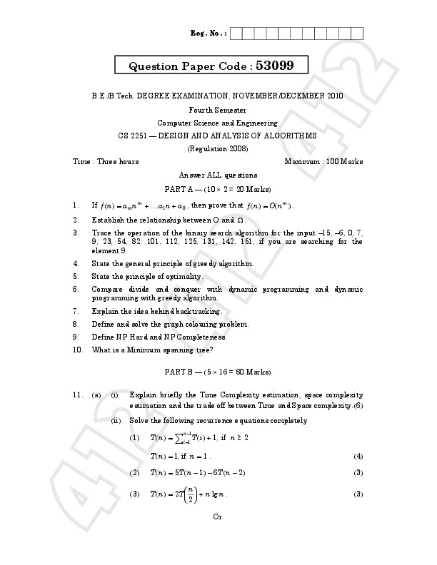 Cs 2251 Design And Analysis Of Algorithms Anna University Question Paper November December