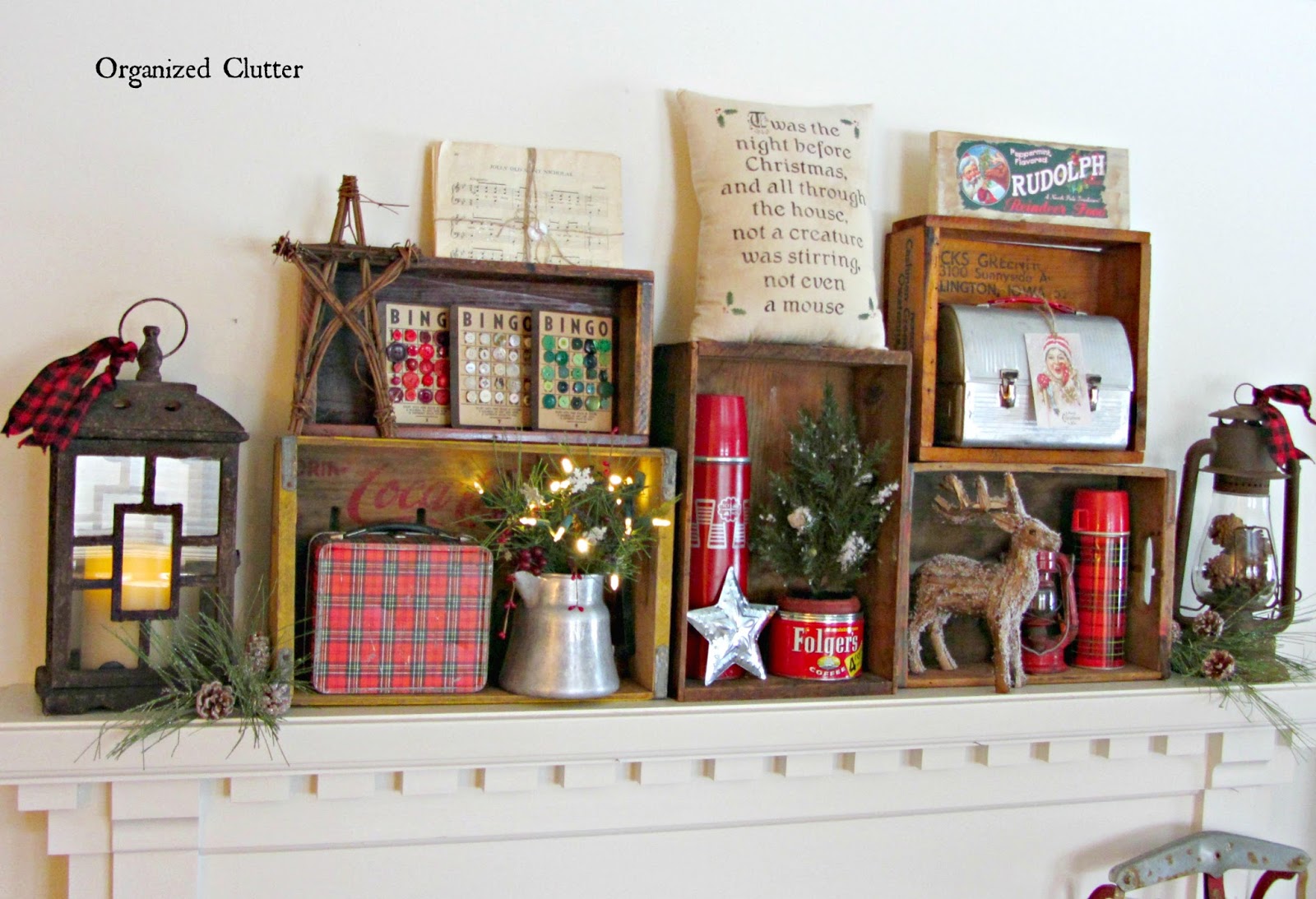 An Organized Cluttered Rustic Crate Christmas Mantel - Organized Clutter