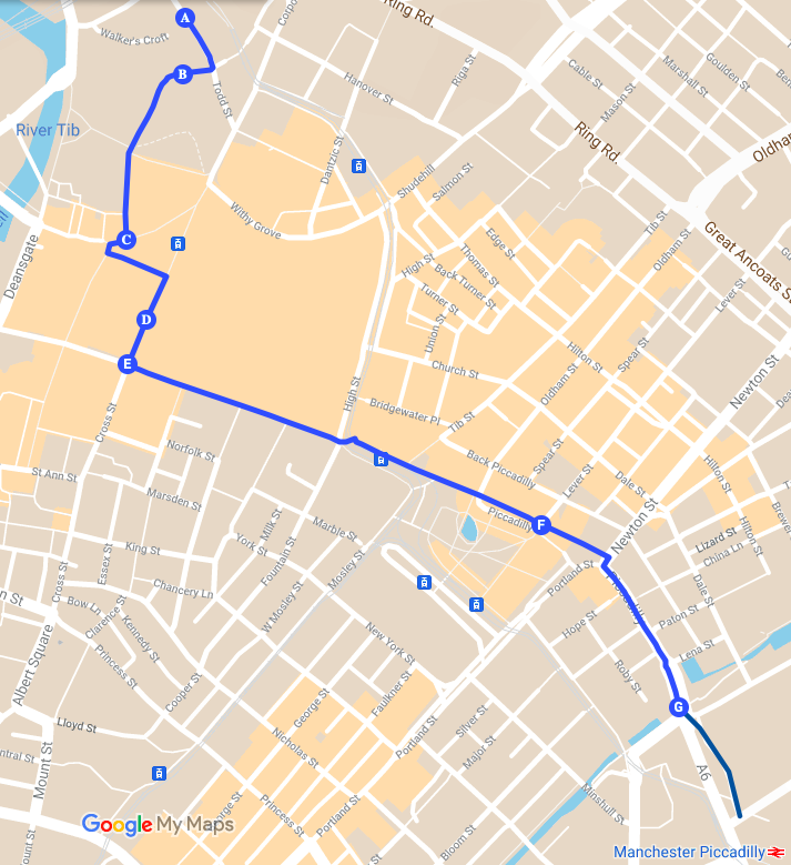 A walk from Victoria Train Station to Piccadilly Train Station