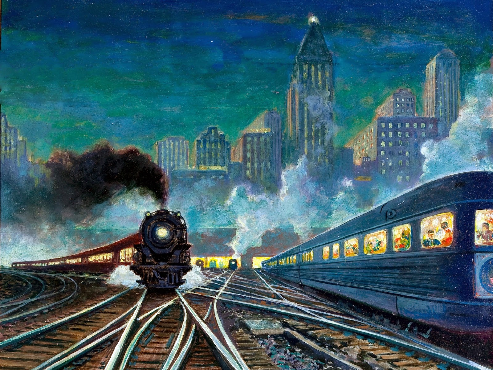 transpress nz: Chicago night steam trains art