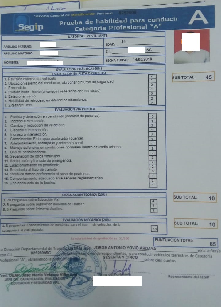 Requisitos para tu licencia de conducir Bolivia Profesional A