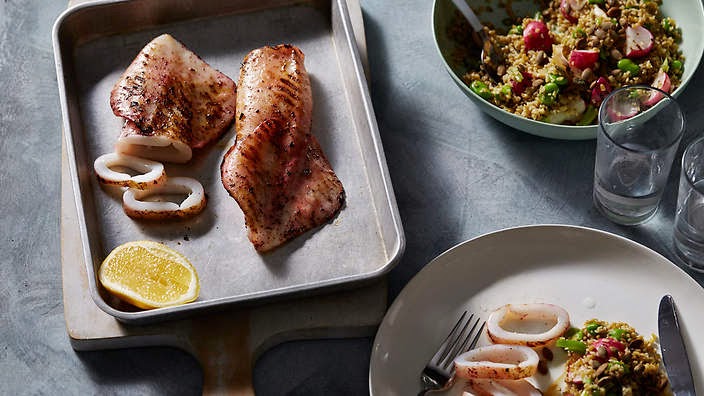 Sumac spiced calamari with freekeh, preserved lemon and broad bean ...