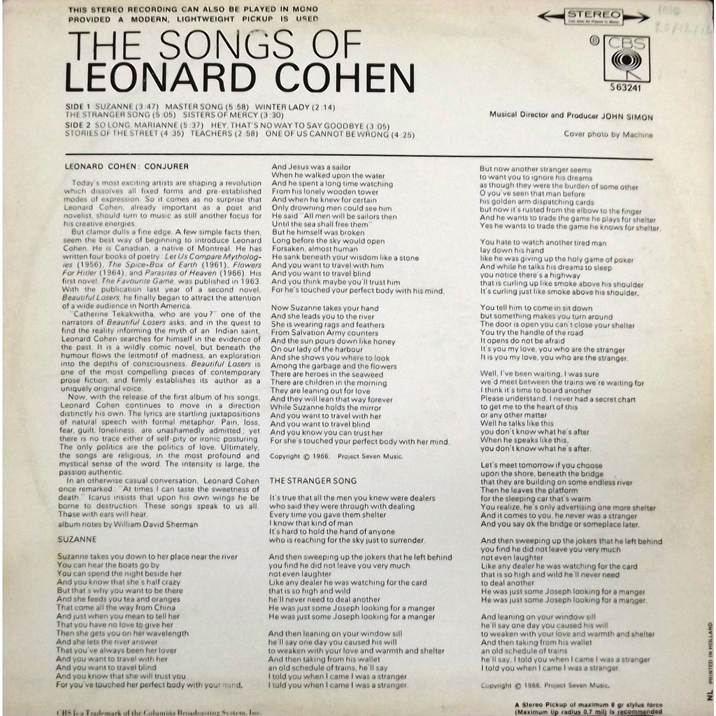 Classic Rock Covers Database: Leonard Cohen - Songs of Leonard Cohen (1967)