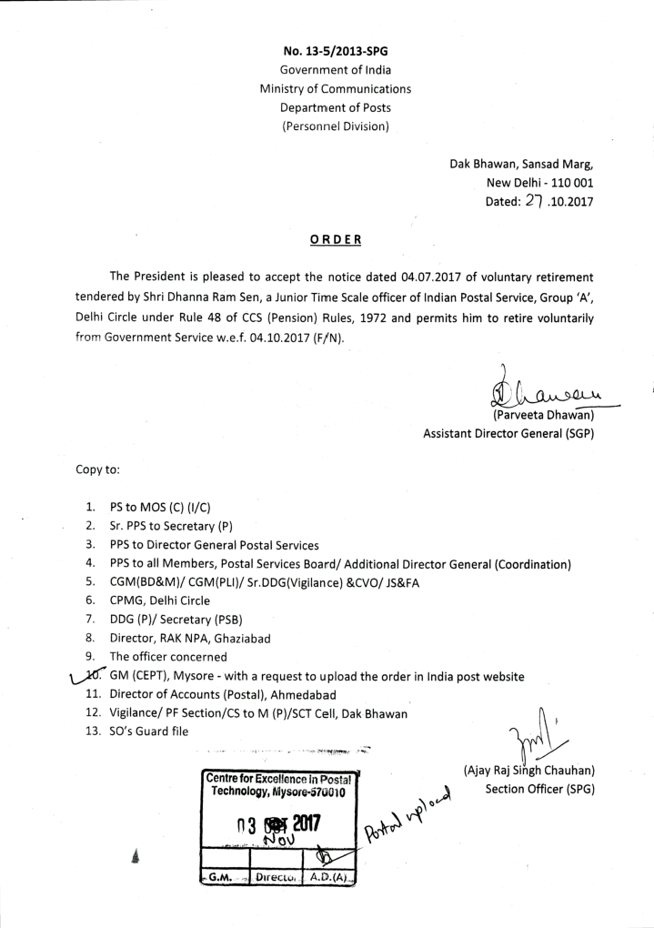 Voluntary retirement by Shri Dhanna Ram Sen, a Junior Time Scale ...