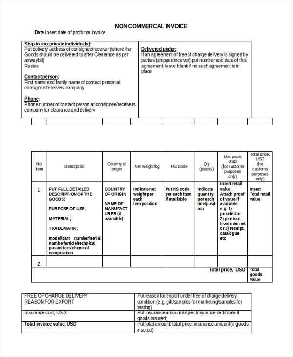 Non Commercial Invoice Format - Invoice Template