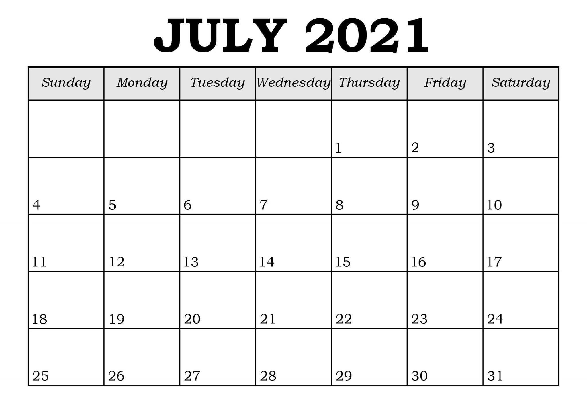 July 2021 Calendar Blank