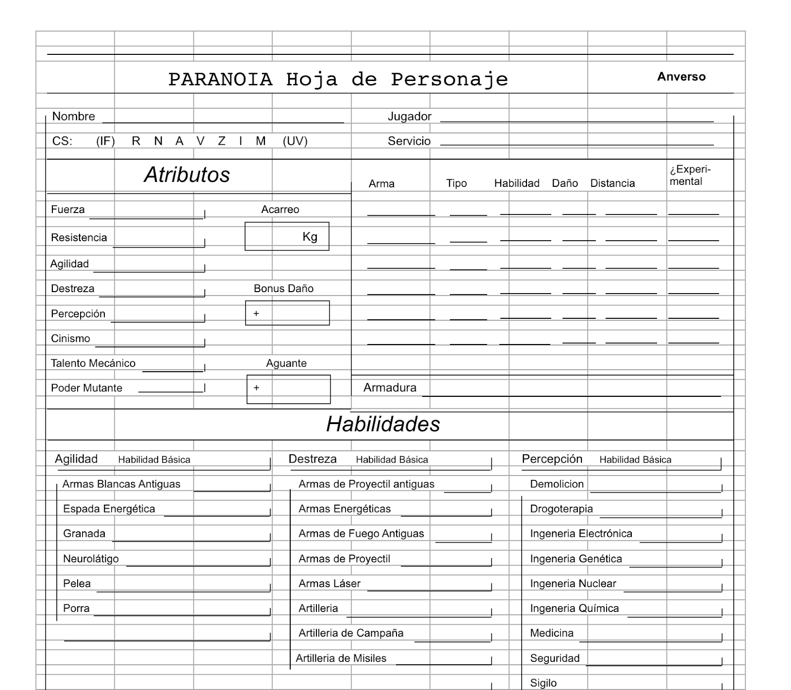Sinergia de Rol: Hoja de personaje para Paranoia en Excel (autor ¿?¿?)