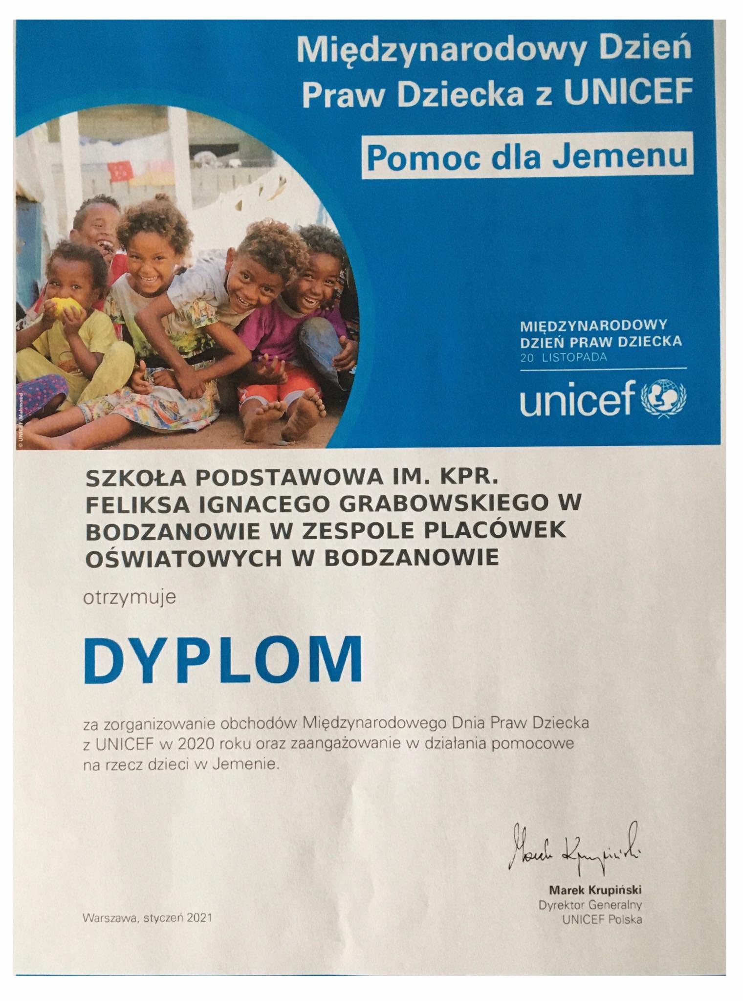 Klasa VII b: DYPLOM - Międzynarodowy Dzień Praw Dziecka z UNICEF