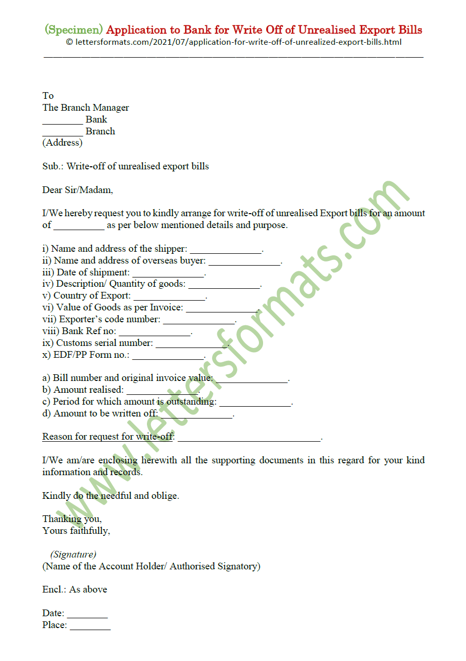 Application Letter To Bank For Write Off Of Unrealised Export Bills application-letter-to-bank-for-write-off-of-unrealised-export-bills