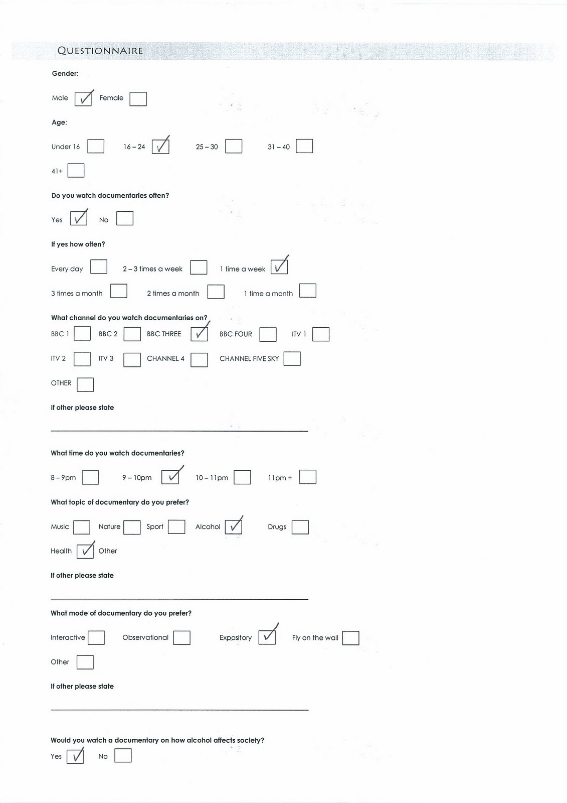 Media Studies A2 Portfolio: Questionnaire Results