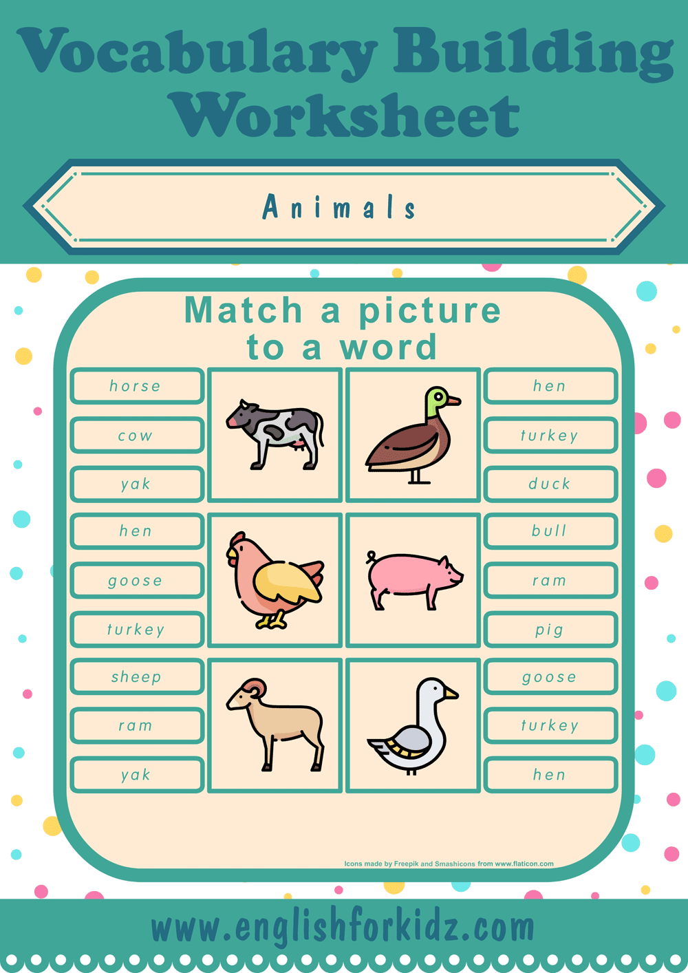 Animals Worksheets: Picture to Word Matching