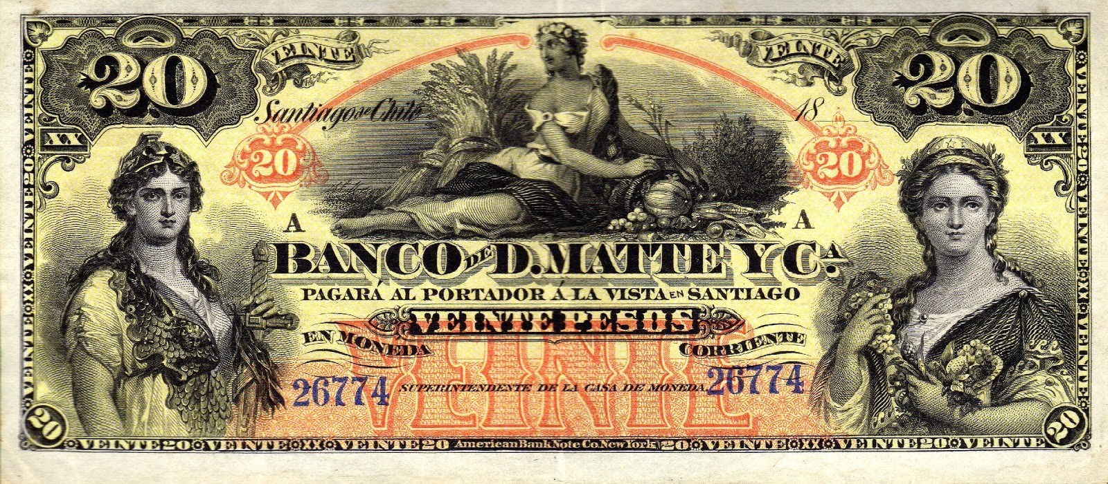 NOTAFILIA - BILLETES DEL MUNDO: #454 CHILE - 20 Pesos Banco de D. Matte