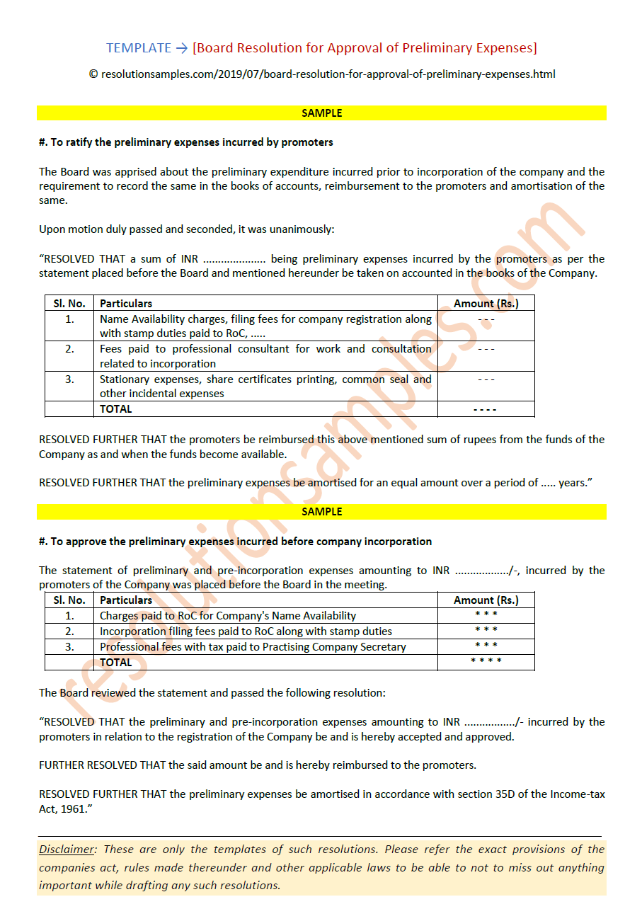 Board Resolution for Approval of Preliminary Expenses (Format)