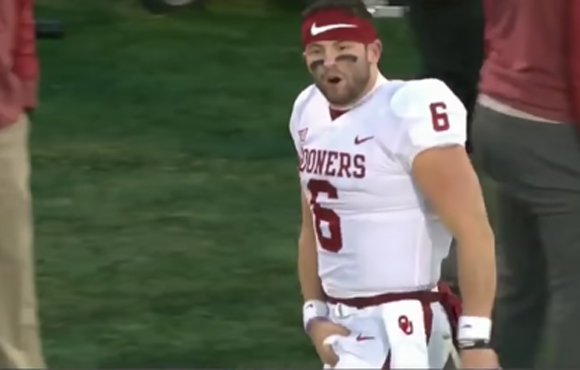 NFL quarterback Baker Mayfield grabbing his dick