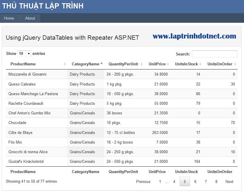 Sử Dụng Plugin Jquery Datatables để Hiển Thị Dữ Liệu Trong Repeater Thủ Thuật Lập