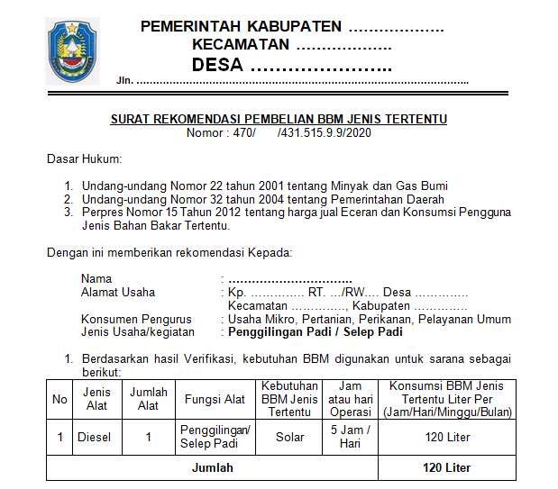 Surat rekomendasi pembelian jenis BBM tertentu (Solar dan Pertalite ...