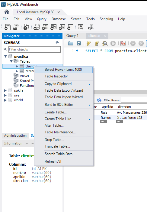 MySQL Workbench Sentencias Basicas